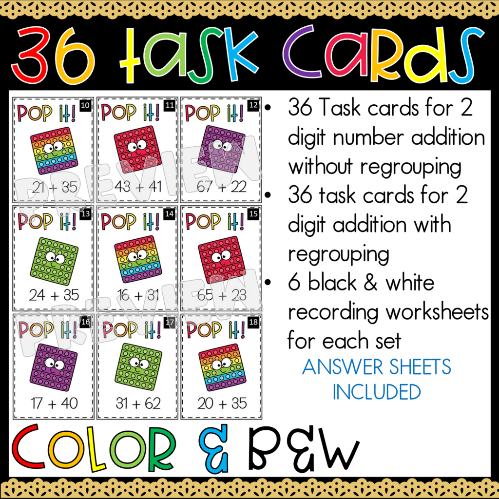 POP IT | Bubble POP 2 Digit Addition Task Cards & Worksheets | Math ...