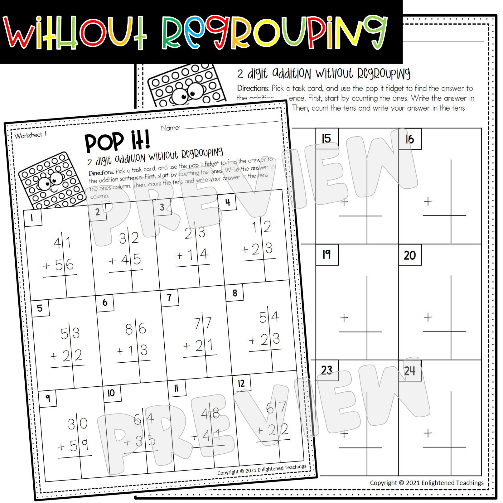 POP IT | Bubble POP 2 Digit Addition Task Cards & Worksheets | Math ...