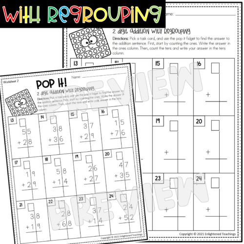 POP IT | Bubble POP 2 Digit Addition Task Cards & Worksheets | Math ...