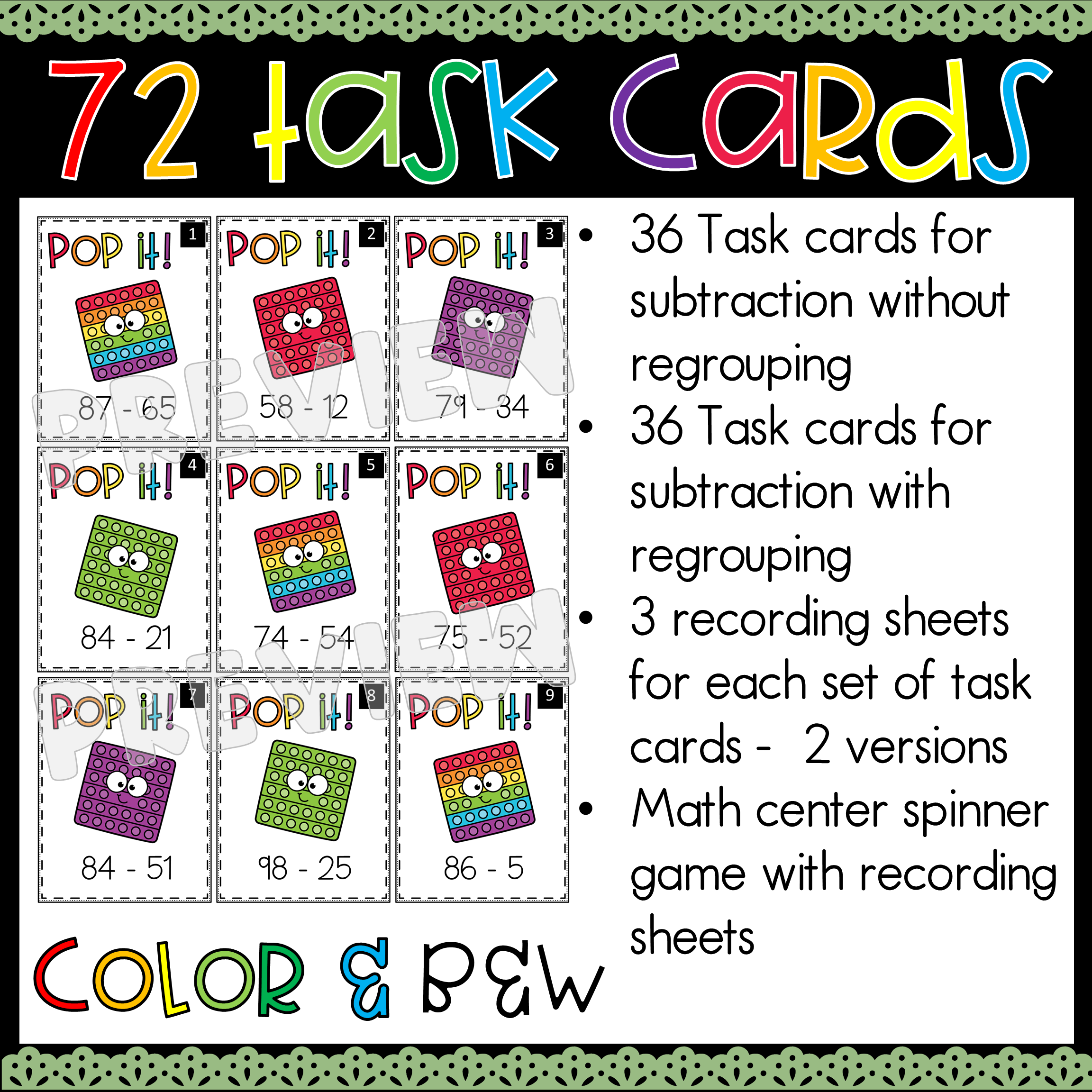 POP IT | Bubble POP 2 Digit Subtraction Task Cards & Worksheets | Made ...