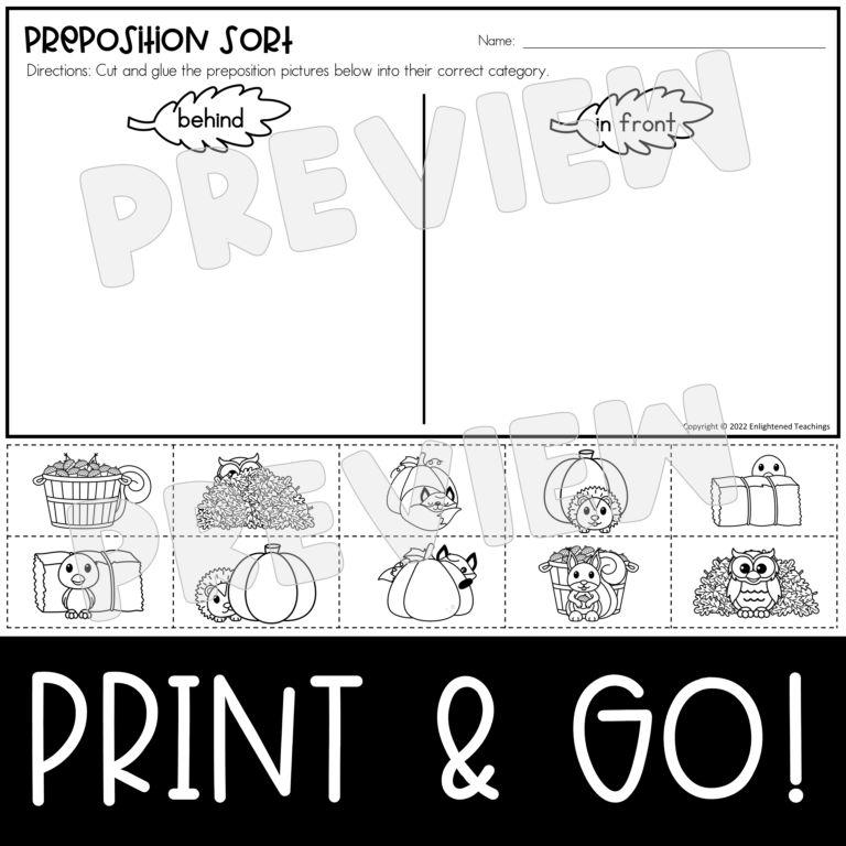 Fall Preposition Sort Worksheets Cut Glue Paste Sorting Positional ...