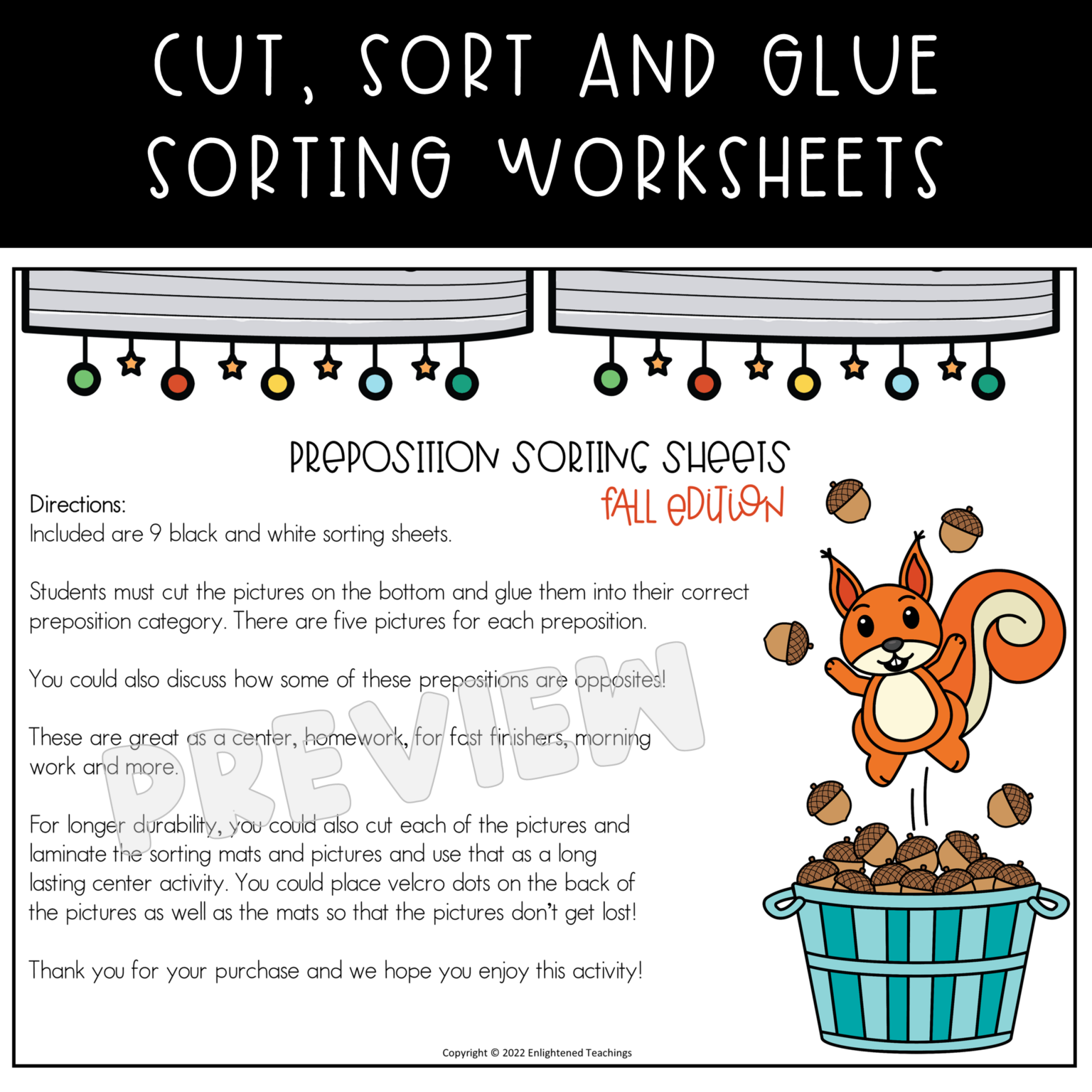 Fall Preposition Sort Worksheets Cut Glue Paste Sorting Positional ...
