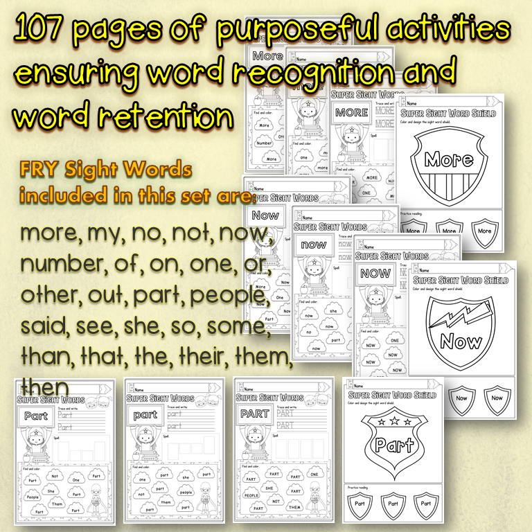 Pre-Kinder / Kinder FRY Sight Words No-Prep Worksheets and Flashcards ...