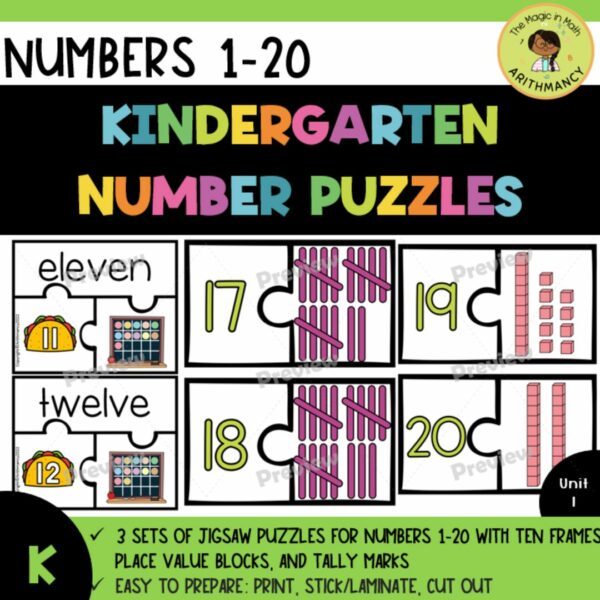 NUMBERS 1-20 PUZZLES NUMBER SENSE ACTIVITY TEN FRAMES, TALLY, PLACE ...