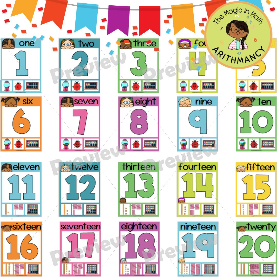NUMBERS 1-20 MATH POSTERS CLASS DISPLAYS TEN FRAMES TALLY MARKS PLACE ...