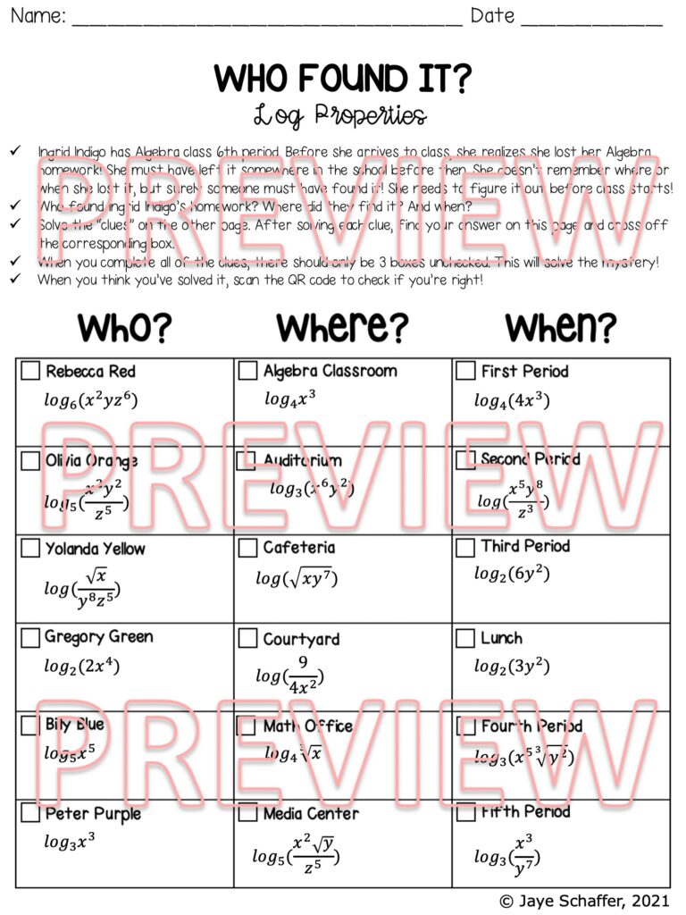 Properties of Logs Clue Mystery Activity | Made By Teachers