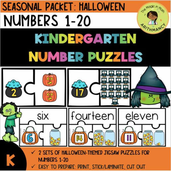 HALLOWEEN-THEMED MATH PUZZLES NUMBERS 1-20 FOR KINDERGARTEN MATH CENTER ...