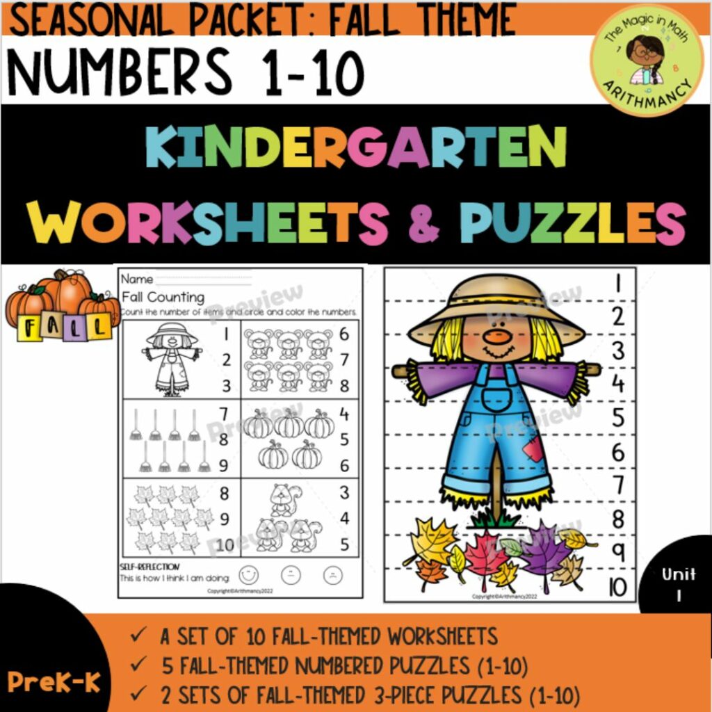 FALL-THEMED ENGAGING NUMBERS 1-10 WORKSHEETS KINDERGARTEN NUMBER SENSE ...