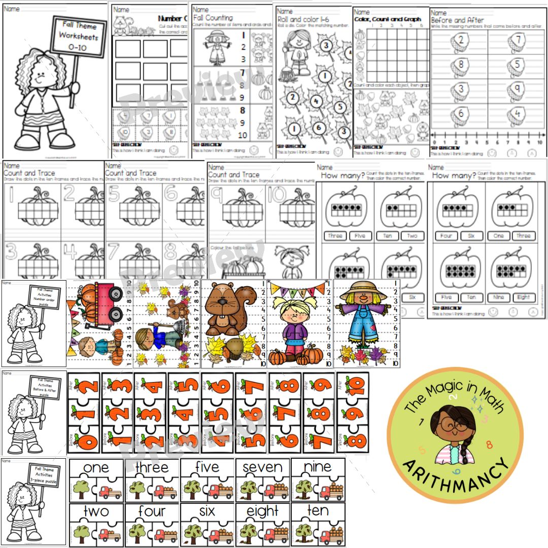 FALL-THEMED ENGAGING NUMBERS 1-10 WORKSHEETS KINDERGARTEN NUMBER SENSE ...