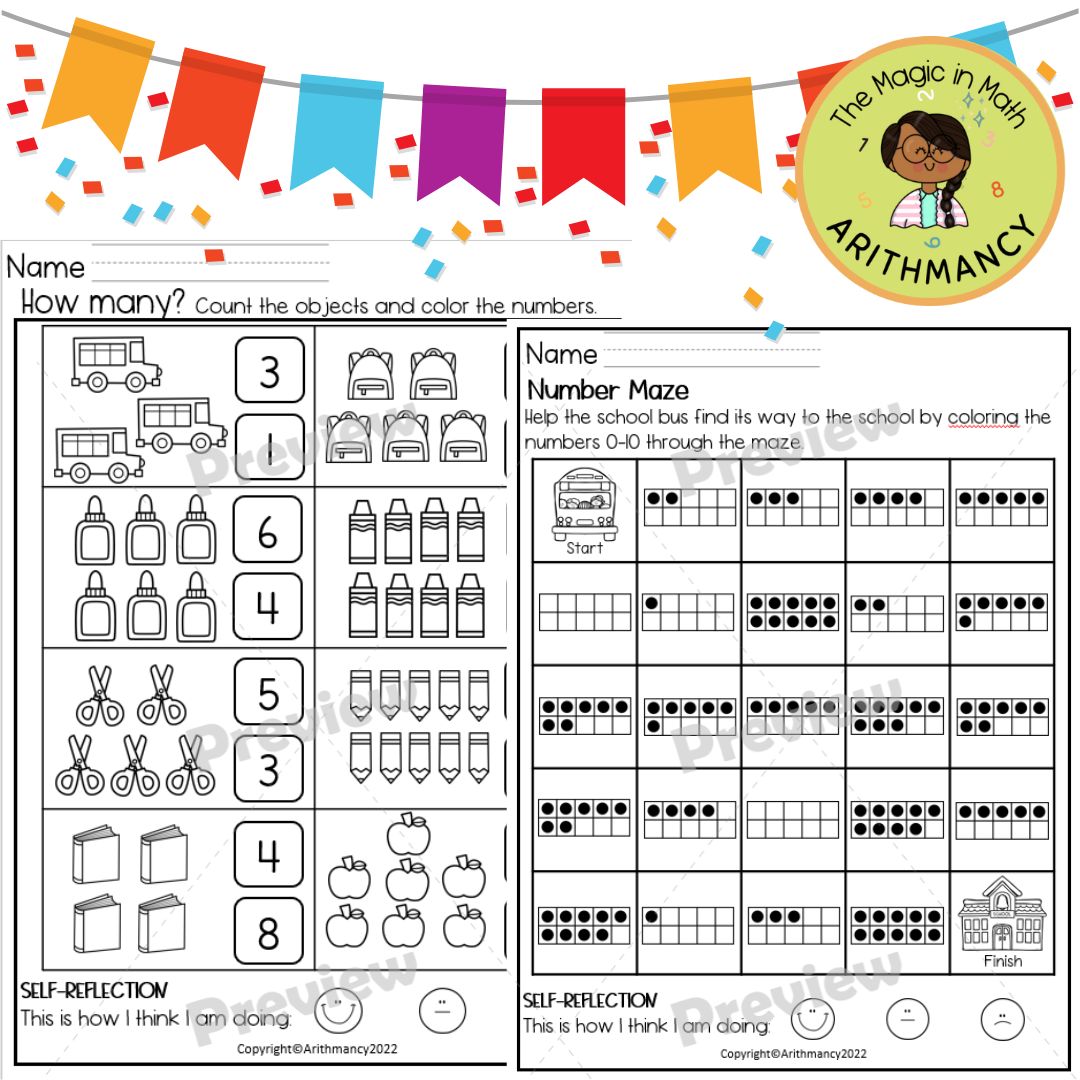 NUMBERS 1-10 WORKSHEET BACK TO SCHOOL KINDERGARTEN NO-PREP NUMBER SENSE ...