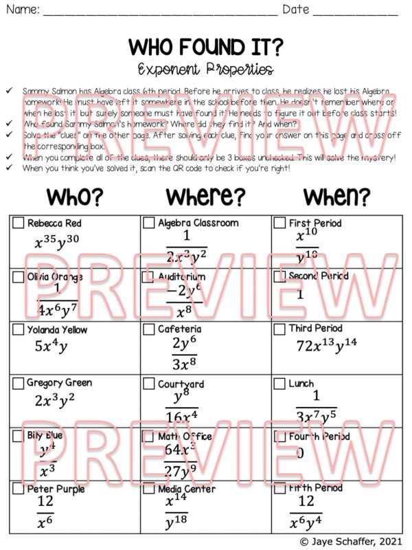 Reviewing All Exponent Properties Clue Mystery Activity - Made By Teachers