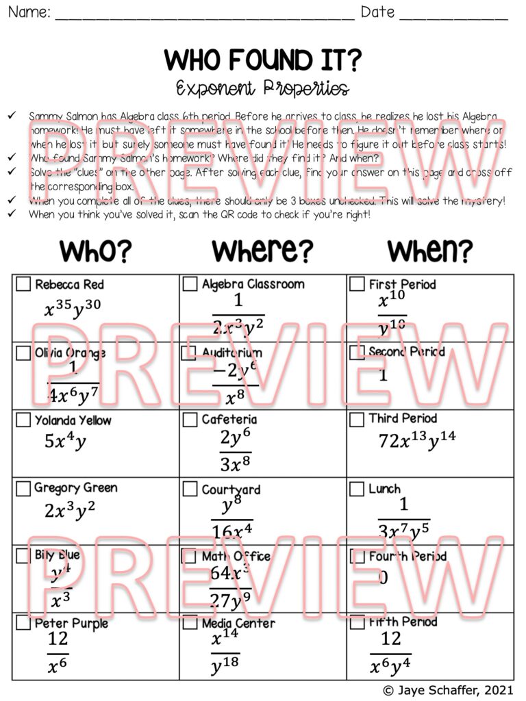 Reviewing All Exponent Properties Clue Mystery Activity - Made By Teachers