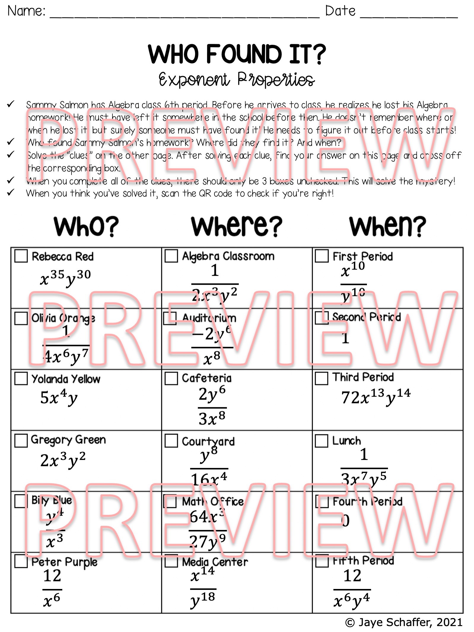 Reviewing All Exponent Properties Clue Mystery Activity | Made By Teachers