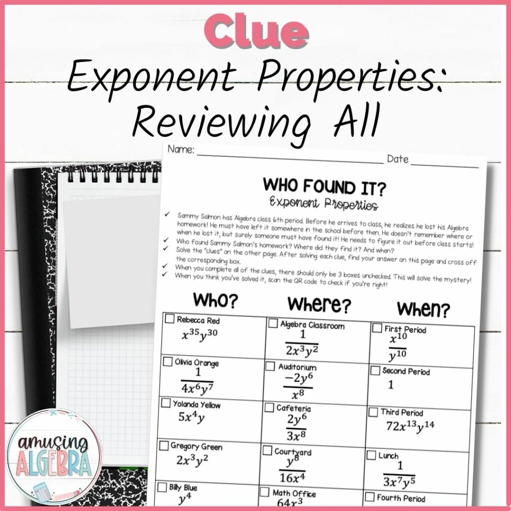 Reviewing All Exponent Properties Clue Mystery Activity - Made By Teachers