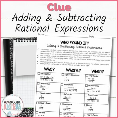 Adding and Subtracting Rational Expressions Clue Mystery Activity ...