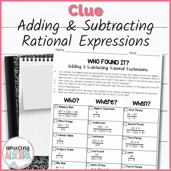Adding and Subtracting Rational Expressions Clue Mystery Activity ...