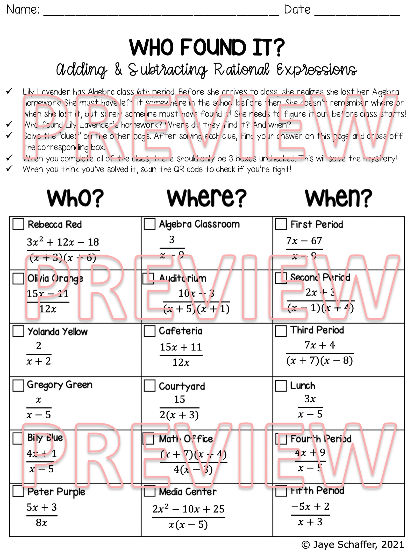 Adding And Subtracting Rational Expressions Clue Mystery Activity