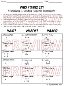 Multiplying and Dividing Rational Expressions Clue Mystery Activity ...
