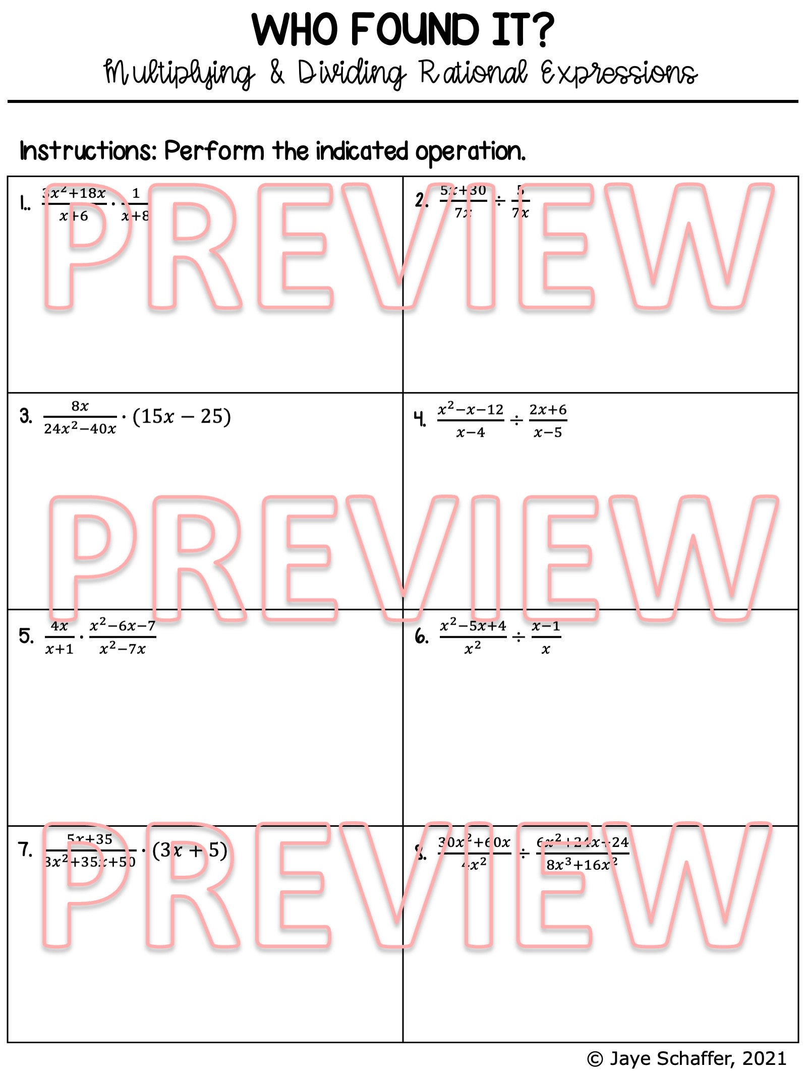 Multiplying and Dividing Rational Expressions Clue Mystery Activity ...