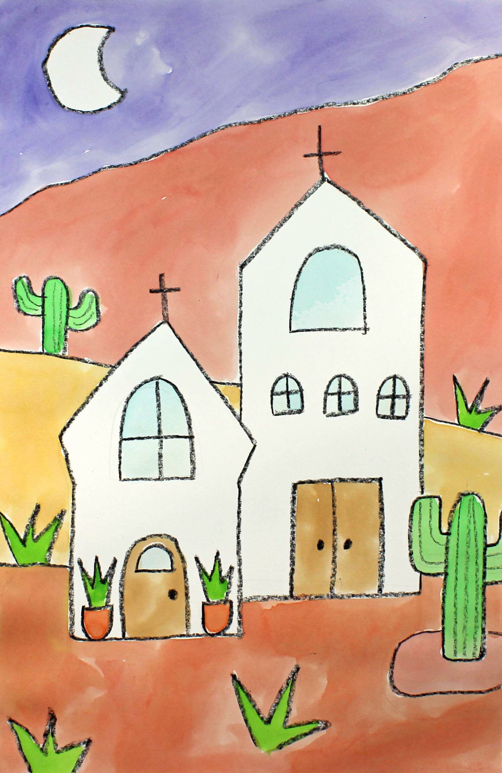 How to Draw and Paint a DESERT CHURCH Art Project VIDEO Lesson | Made ...