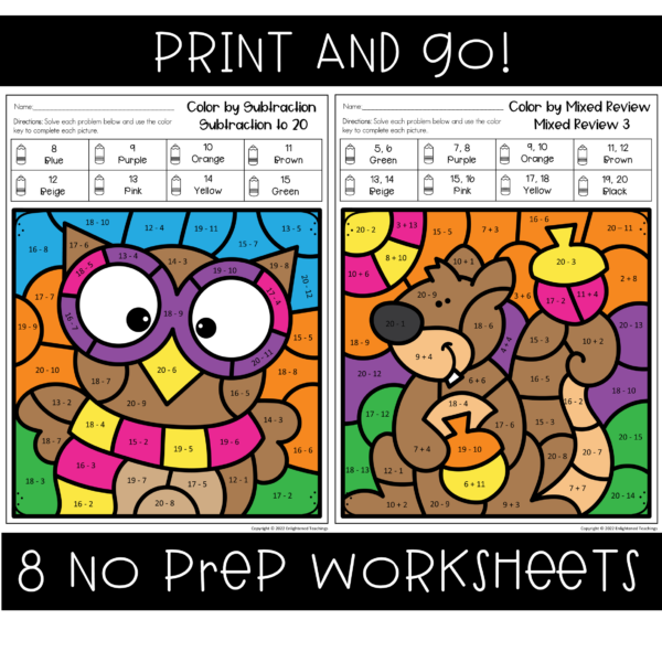 Autumn Fall Mixed Review Addition & Subtraction to 20 Color by Code NO ...