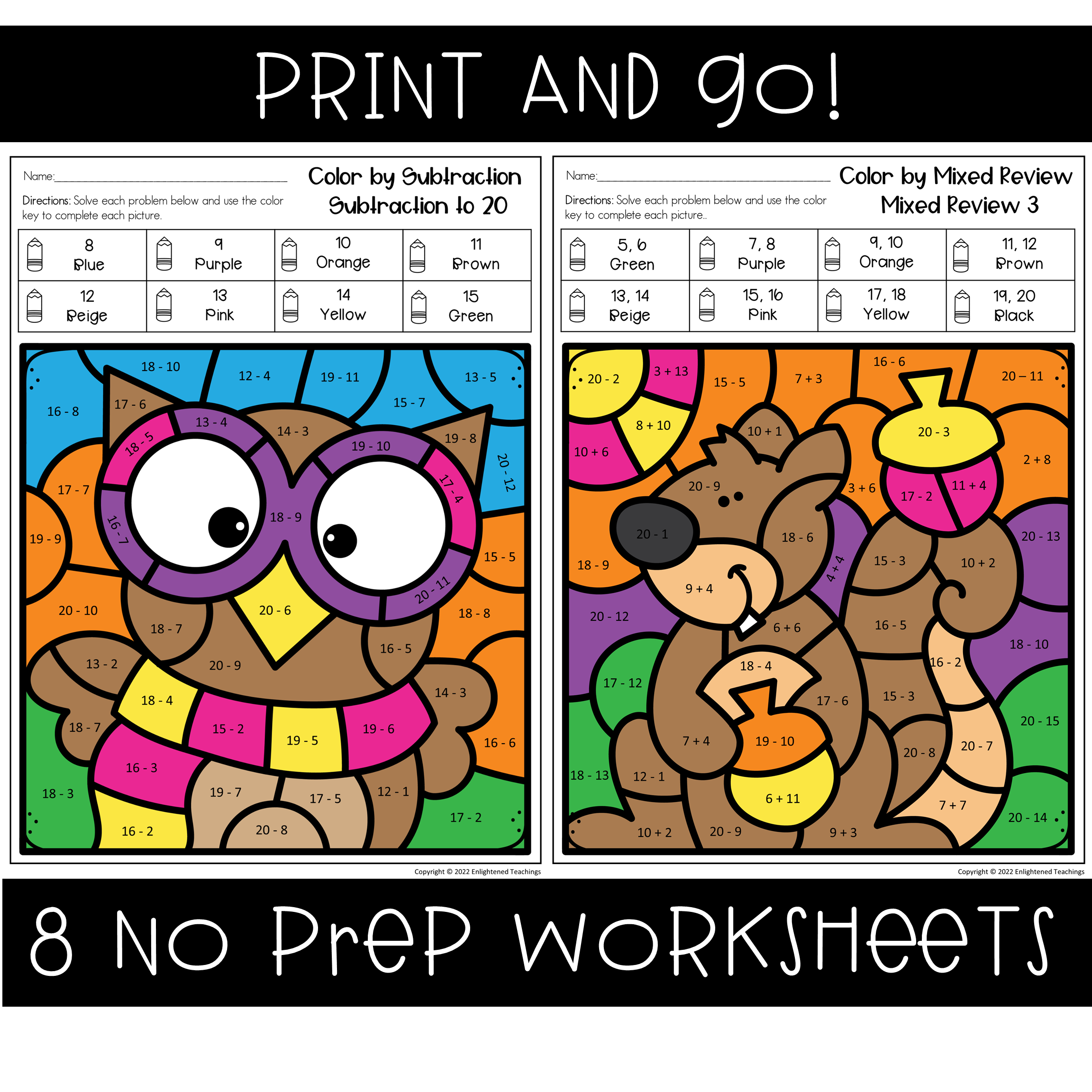 Autumn Fall Mixed Review Addition & Subtraction to 20 Color by Code NO ...