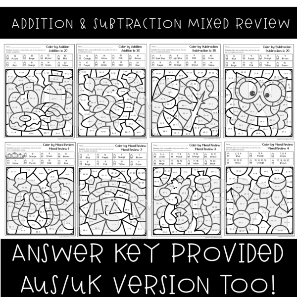 Autumn Fall Mixed Review Addition & Subtraction to 20 Color by Code NO ...
