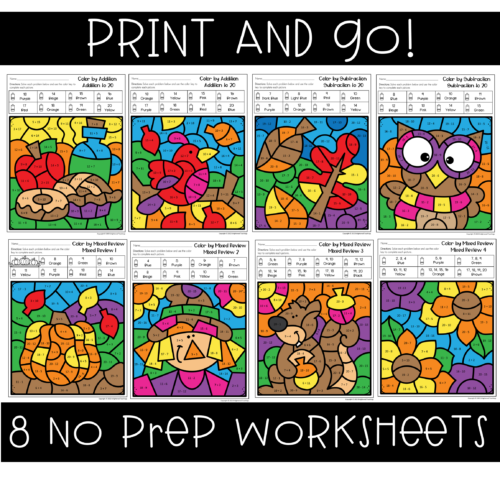 Autumn Fall Mixed Review Addition & Subtraction to 20 Color by Code NO ...
