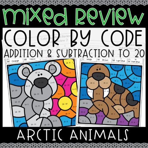 Arctic Animals Mixed Review Addition & Subtraction 20 Color by Code NO ...