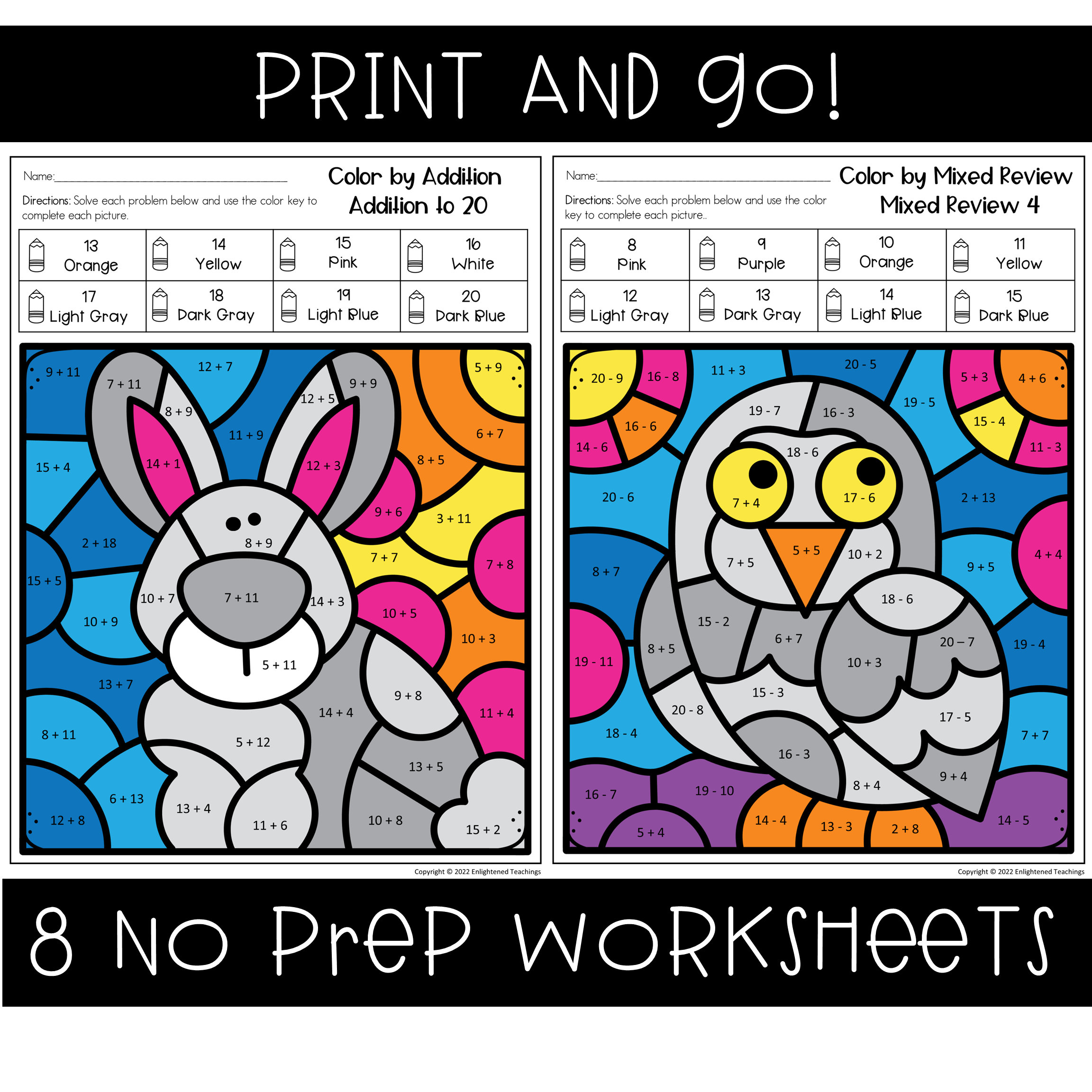 Arctic Animals Mixed Review Addition & Subtraction 20 Color by Code NO ...