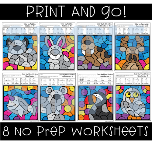 Arctic Animals Mixed Review Addition & Subtraction 20 Color by Code NO ...