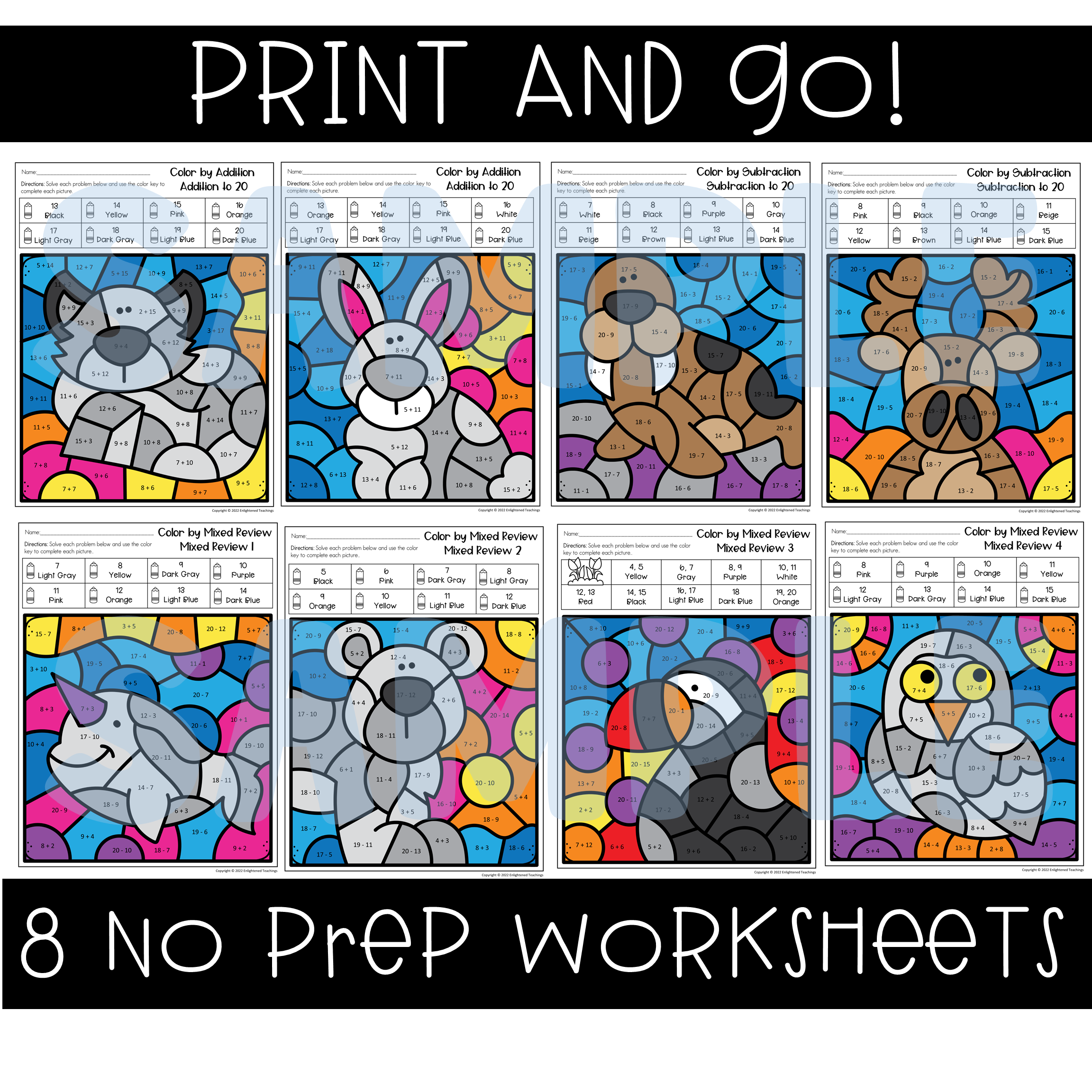 Arctic Animals Mixed Review Addition & Subtraction 20 Color by Code NO ...