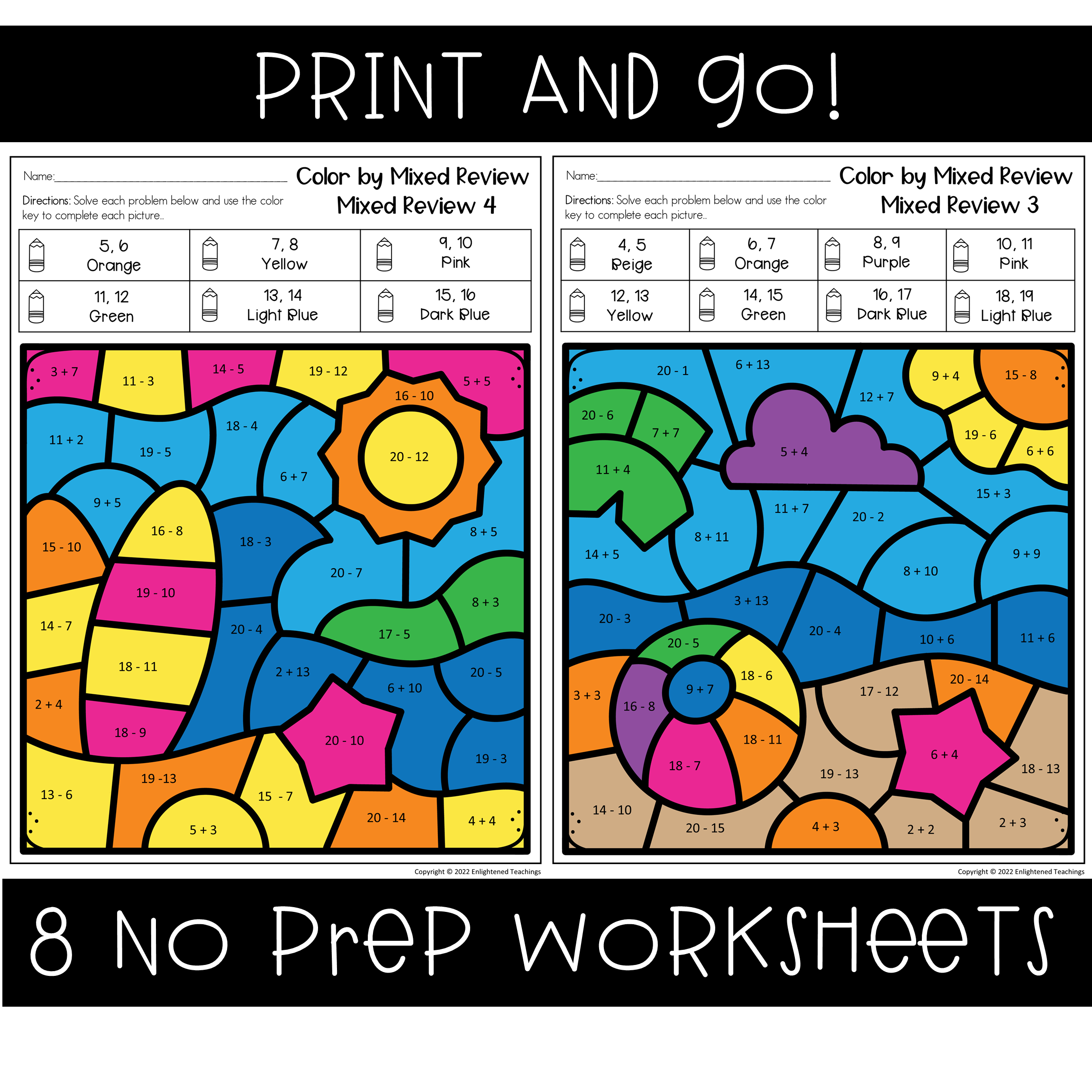 Summer Mixed Review Addition & Subtraction 20 Color by Code NO PREP ...