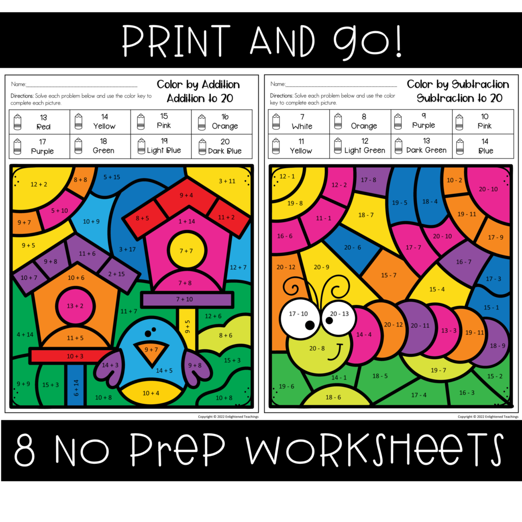 Spring Mixed Review Addition & Subtraction 20 Color by Code NO PREP ...
