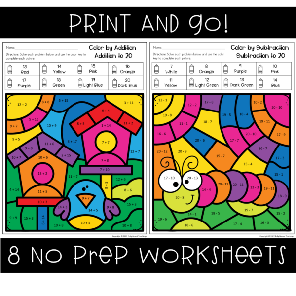 Spring Mixed Review Addition & Subtraction 20 Color by Code NO PREP ...