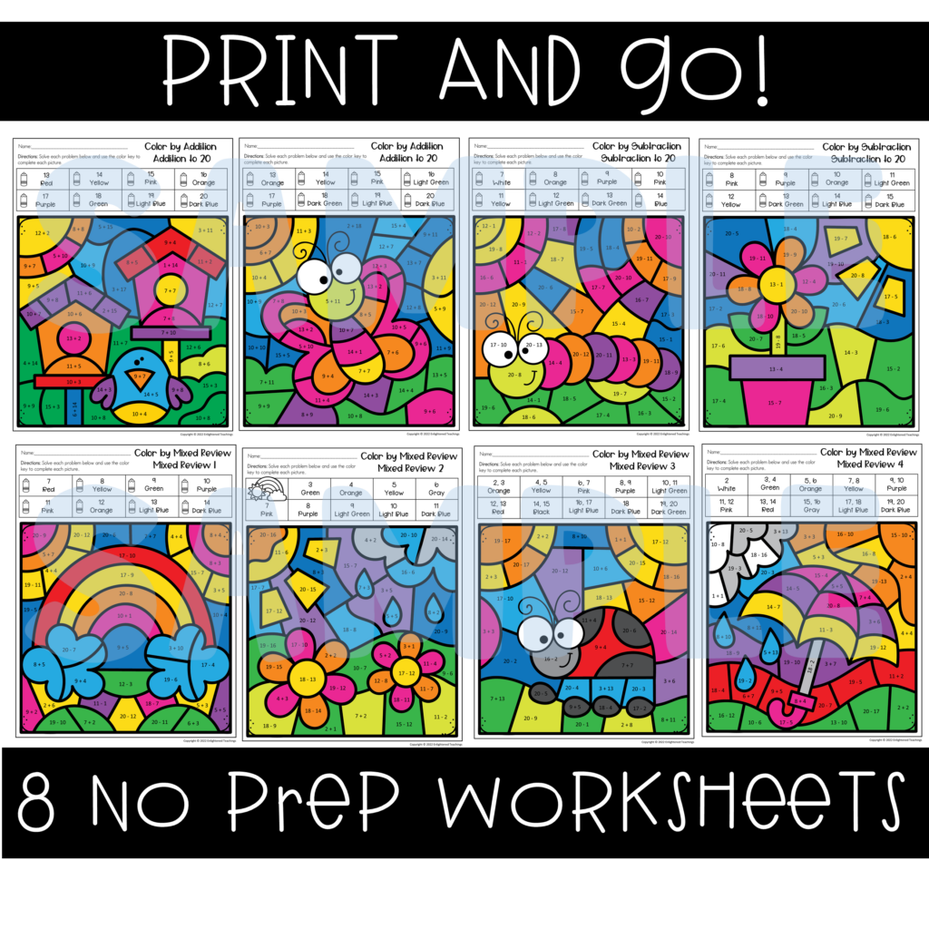 Spring Mixed Review Addition & Subtraction 20 Color by Code NO PREP ...
