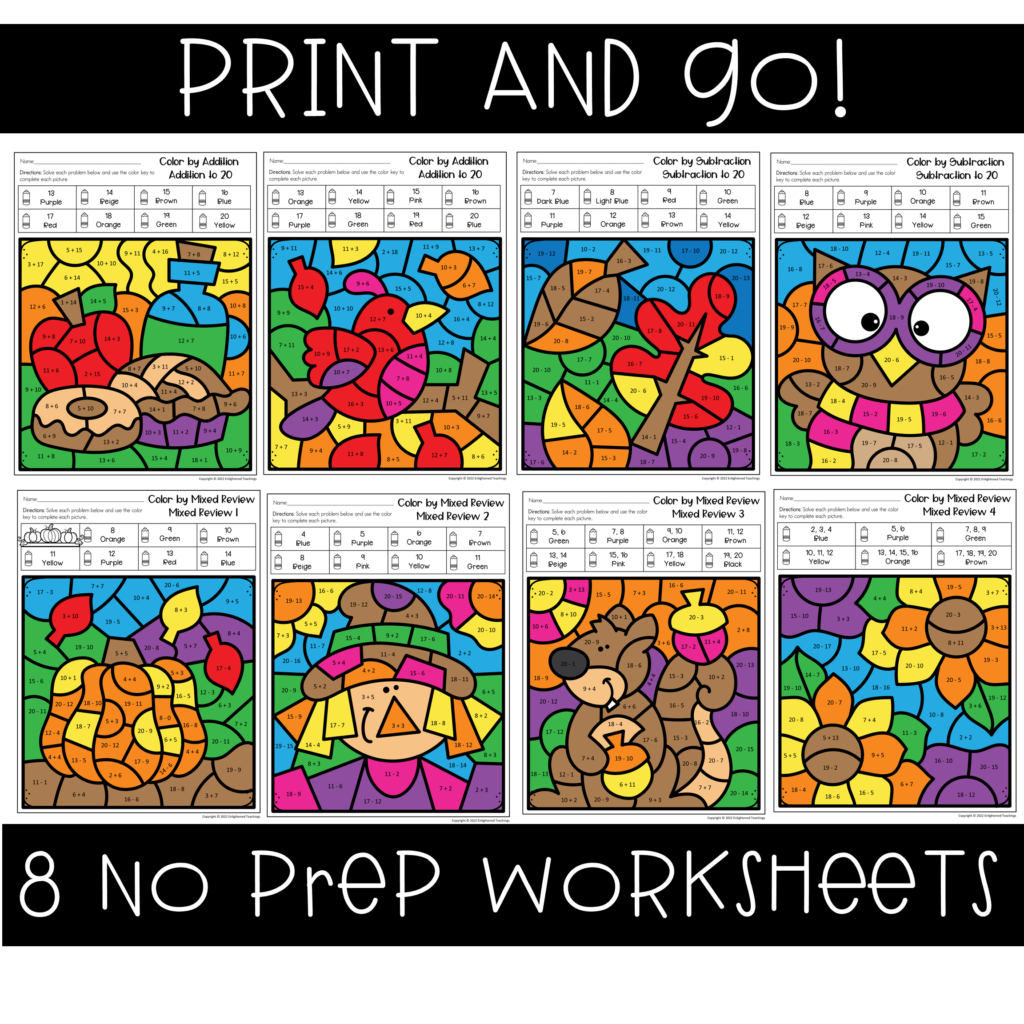 Mixed Review Color by Code Addition and Subtraction to 20 Themed BUNDLE ...