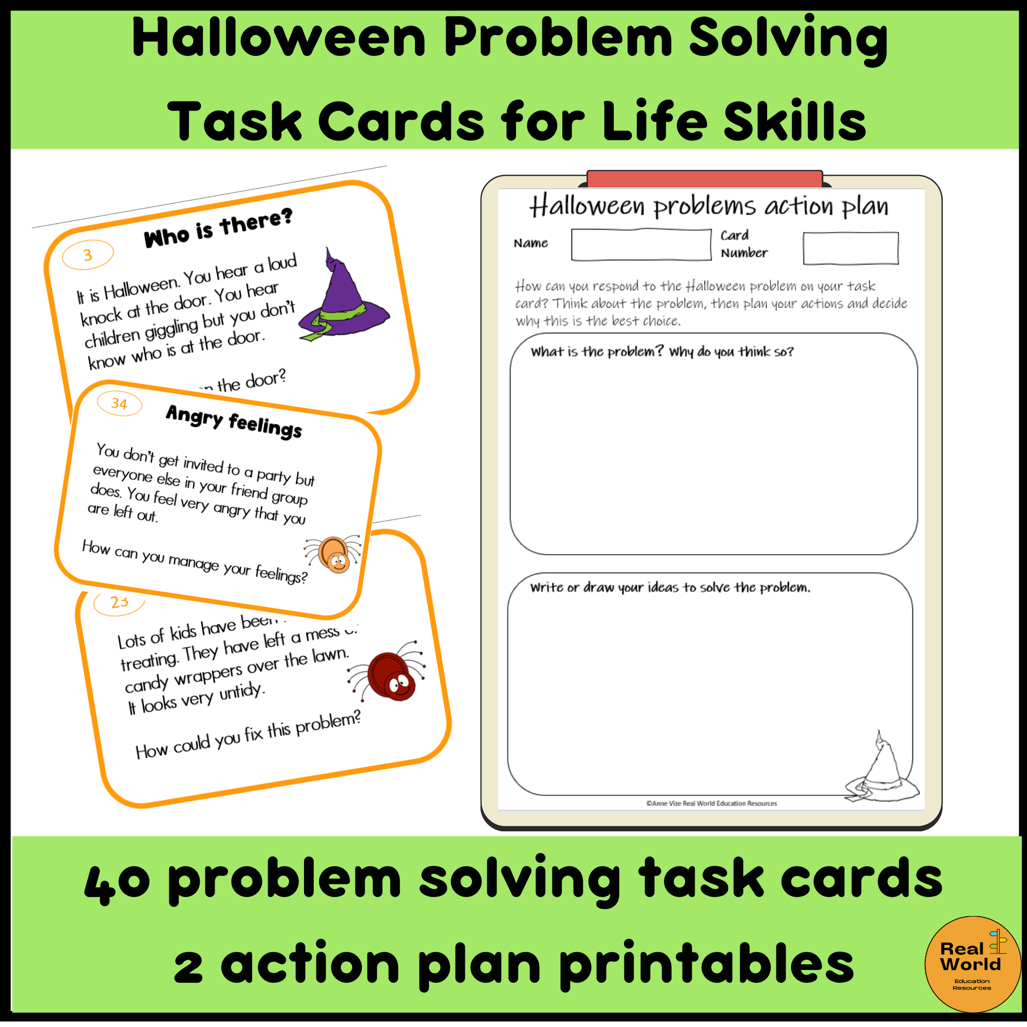 Halloween problem solving task cards for life skills | Made By Teachers