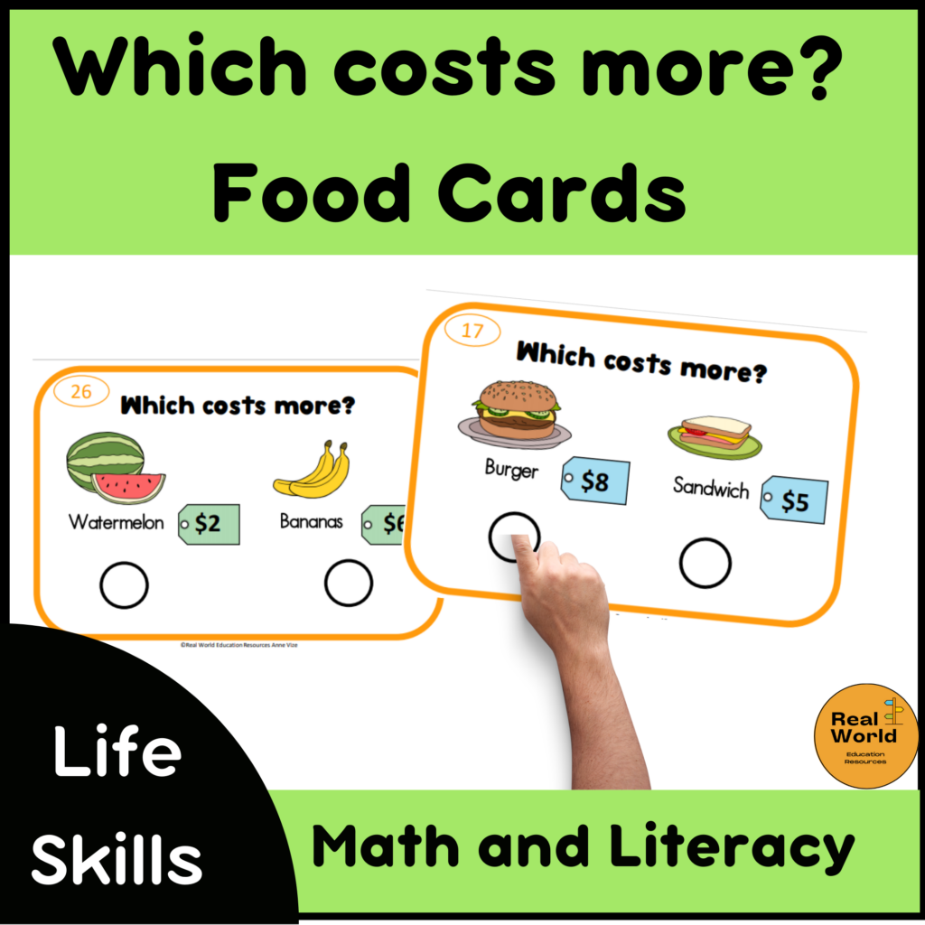 Comparing prices food task cards whole dollars with more or less - Made ...