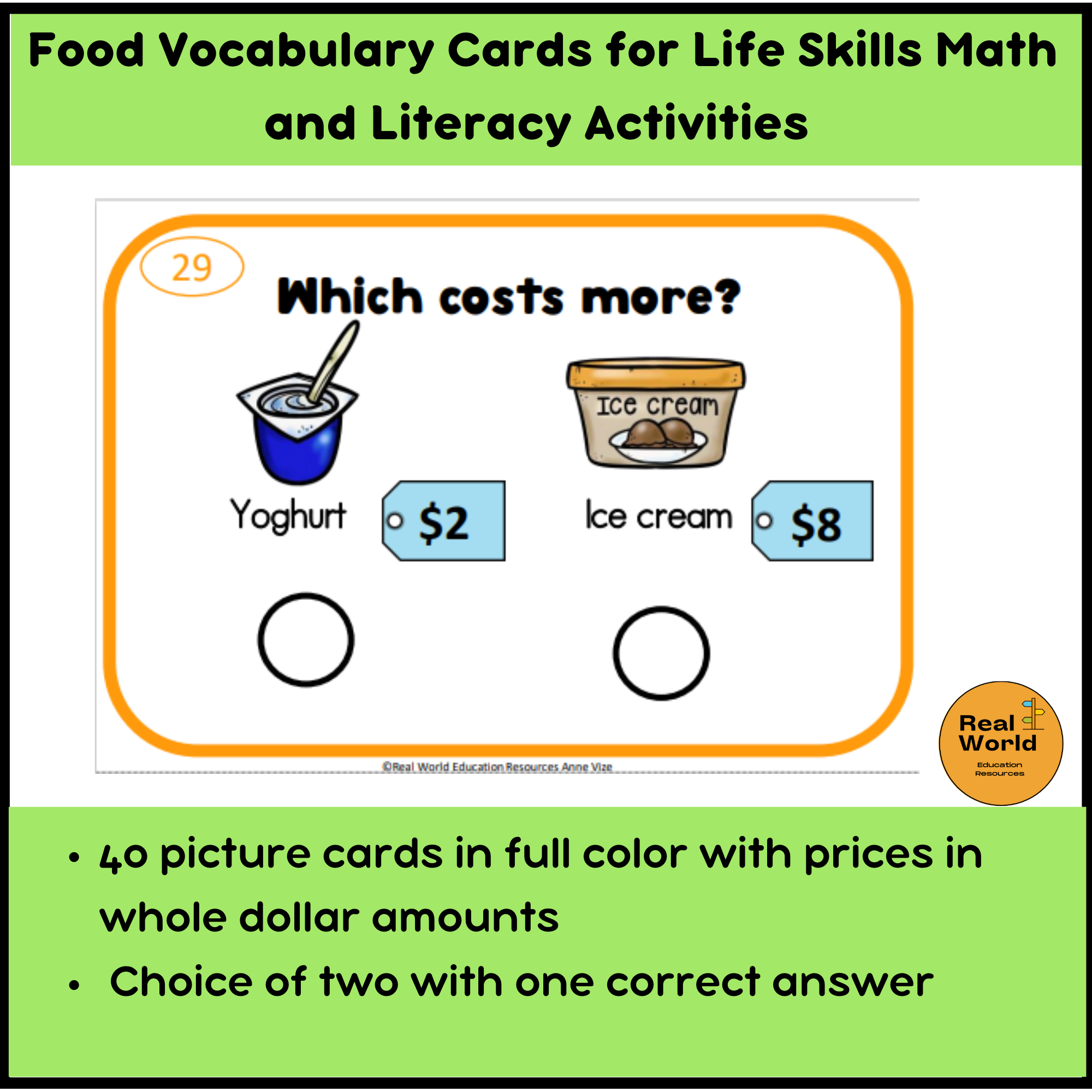 Comparing prices food task cards whole dollars with more or less | Made ...