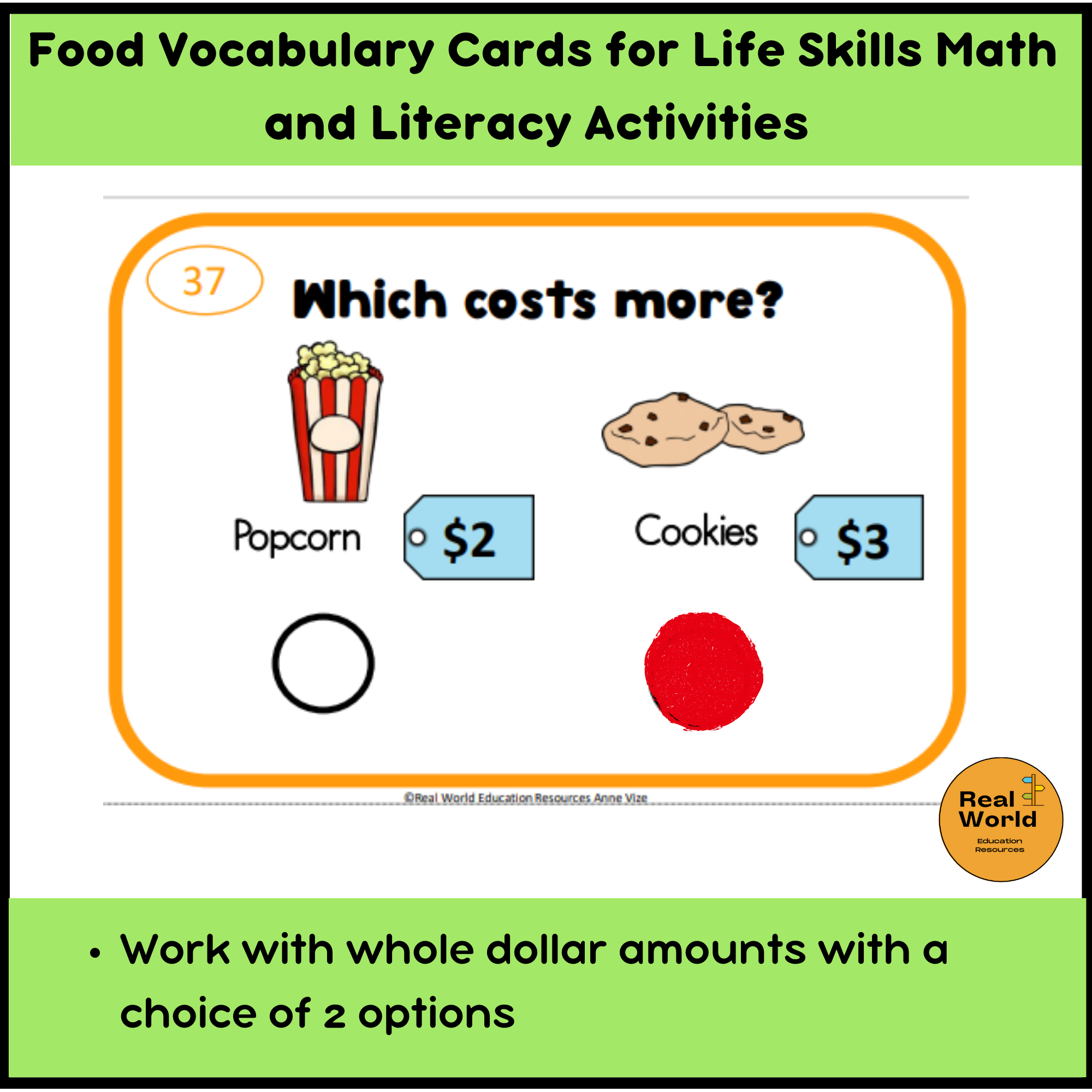 Comparing prices food task cards whole dollars with more or less | Made ...