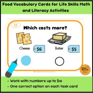 Comparing prices food task cards whole dollars with more or less | Made ...