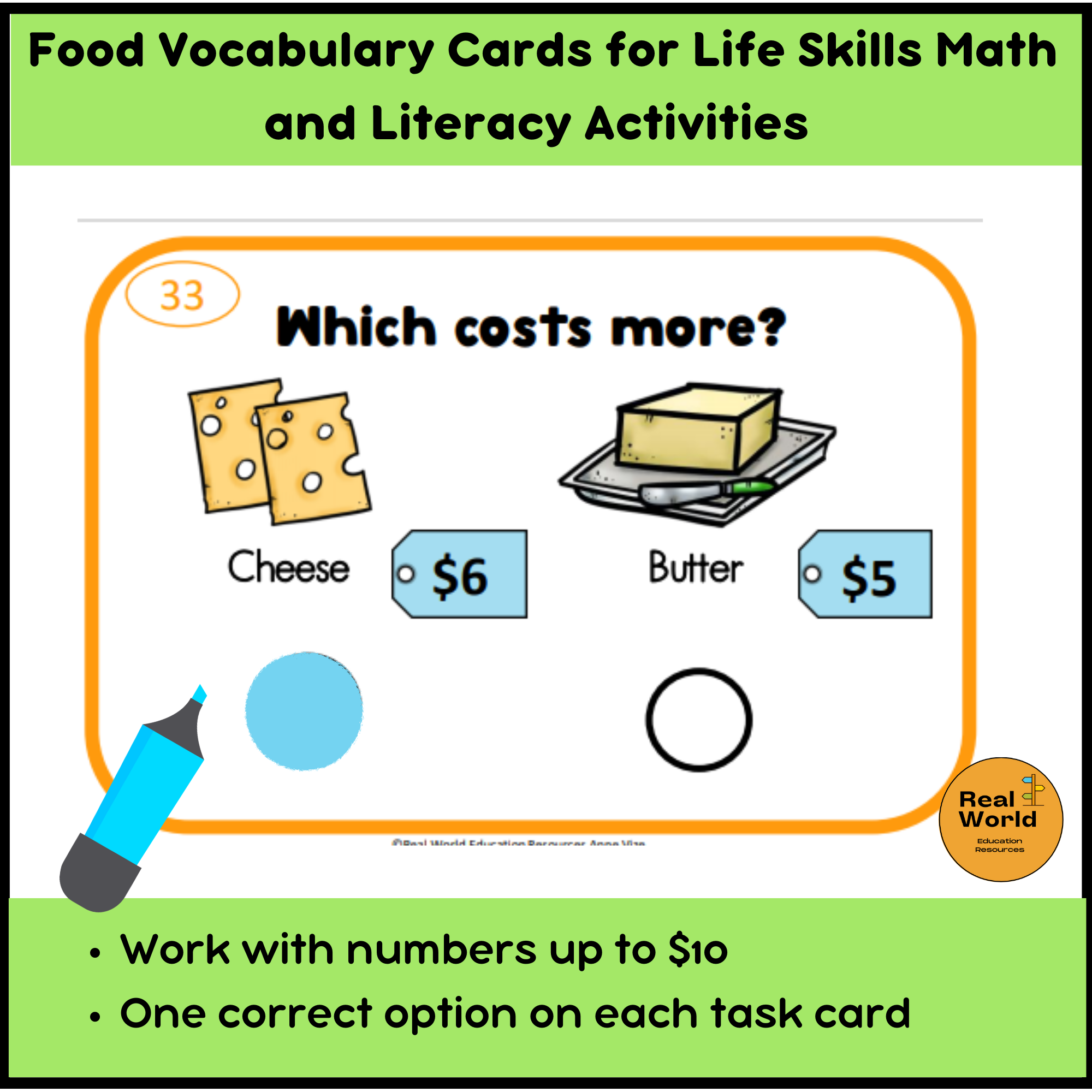 Comparing prices food task cards whole dollars with more or less | Made ...