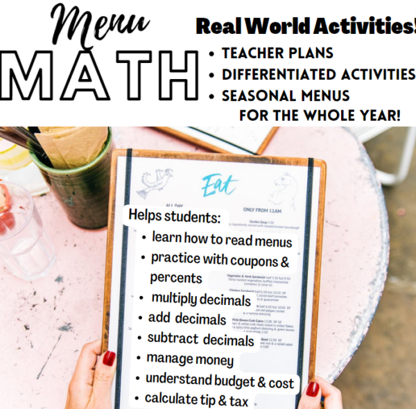 Menu Math: Percent Activities tax, tip, discount, decimals - Made By ...
