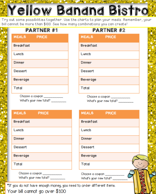 Menu Math: Percent Activities tax, tip, discount, decimals - Made By ...