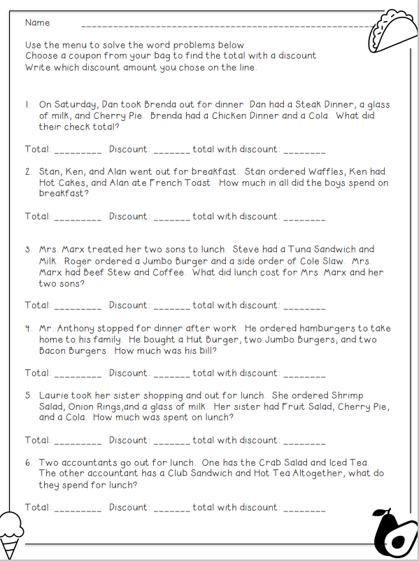 Menu Math: Percent Activities tax, tip, discount, decimals | Made By ...