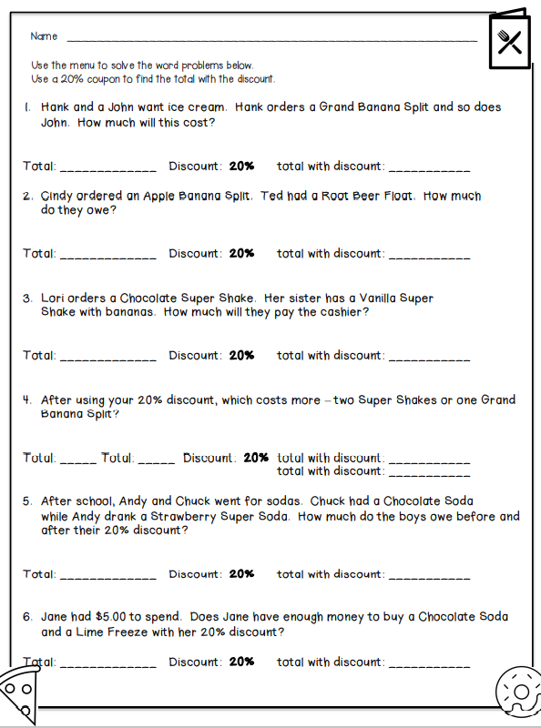 Menu Math: Percent Activities tax, tip, discount, decimals | Made By ...