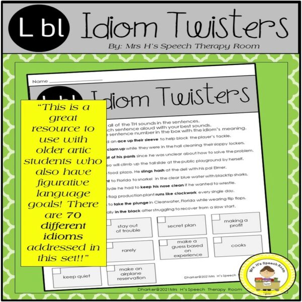 Speech Therapy Idioms Figurative Language with Articulation of L Blends ...
