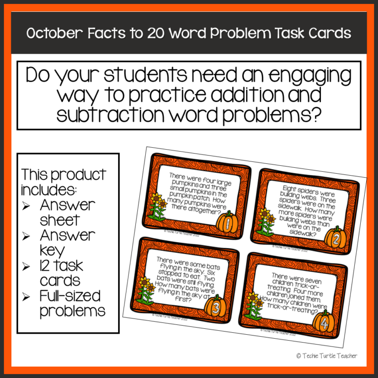 Addition & Subtraction Facts within 20 Fall Word Problem Task Cards ...