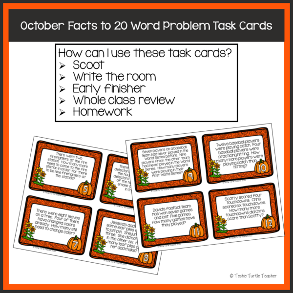 Addition & Subtraction Facts within 20 Fall Word Problem Task Cards ...